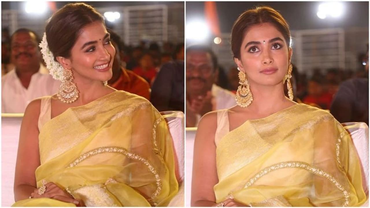 ஆச்சார்யா பட விழாவில் பதுமையாக வந்த பீஸ்ட் நாயகி..புடவை..பூவுமாய் கனவு ...