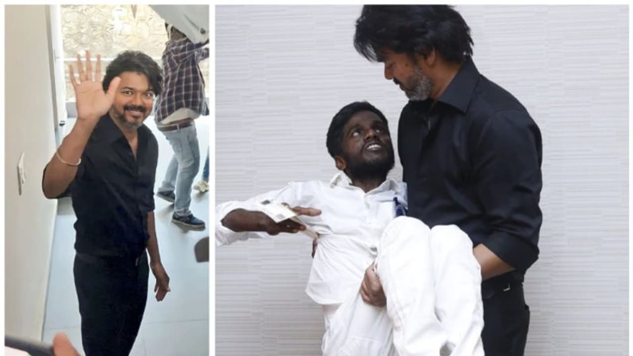 நிற்க முடியாத மாற்று திறனாளி ரசிகரை... குழந்தை போல் கையில் ஏந்தியபடி ...