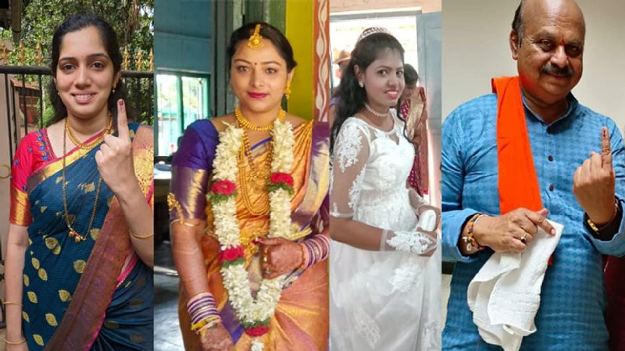 Karnataka Assembly Election: పోలింగ్ బూత్ కు న‌వ‌వ‌ధువులు.. క్యూలో ప్ర ...