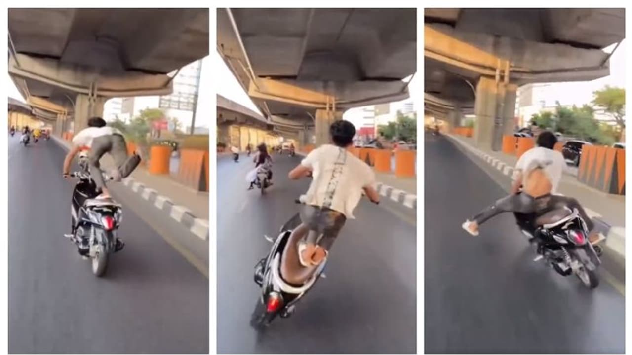 തിരക്കേറിയ റോഡിലെ ബൈക്ക് സ്റ്റണ്ട്; വളഞ്ഞ് പുളഞ്ഞ് ഒടുവില്‍ മൂക്കും ...