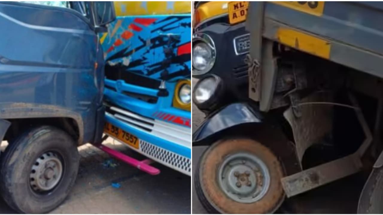 Bus tire bursts lost control and hit at pick up van, auto and scooty ടയ ...