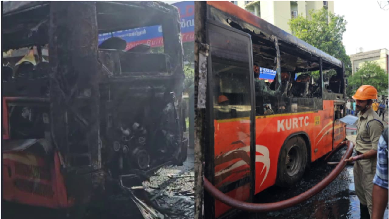 KSRTC low floor bus caught fire in Kochi city കൊച്ചി ചിറ്റൂരിൽ കെഎസ്ആ ...