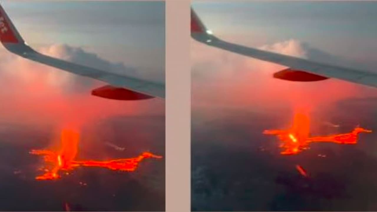 Volcano erupts in Iceland Amazing scene captured from plane window ...