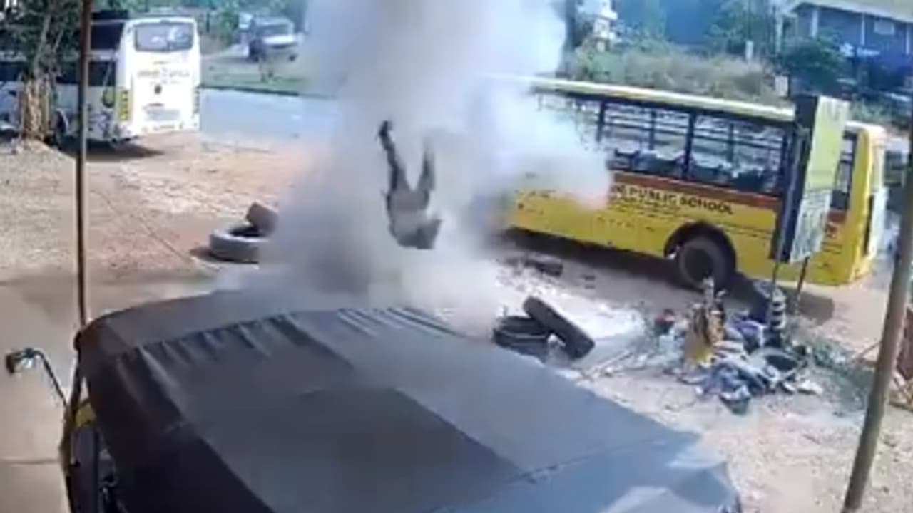 Karnataka: Youth injured after tyre explosion hurls him into the air in ...