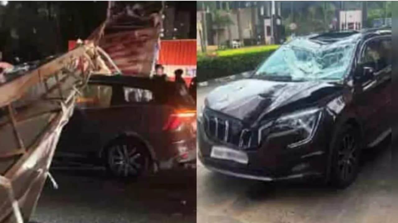 Huge hoarding fell over car during rain | 50 Feet Long Illegal Hoarding ...