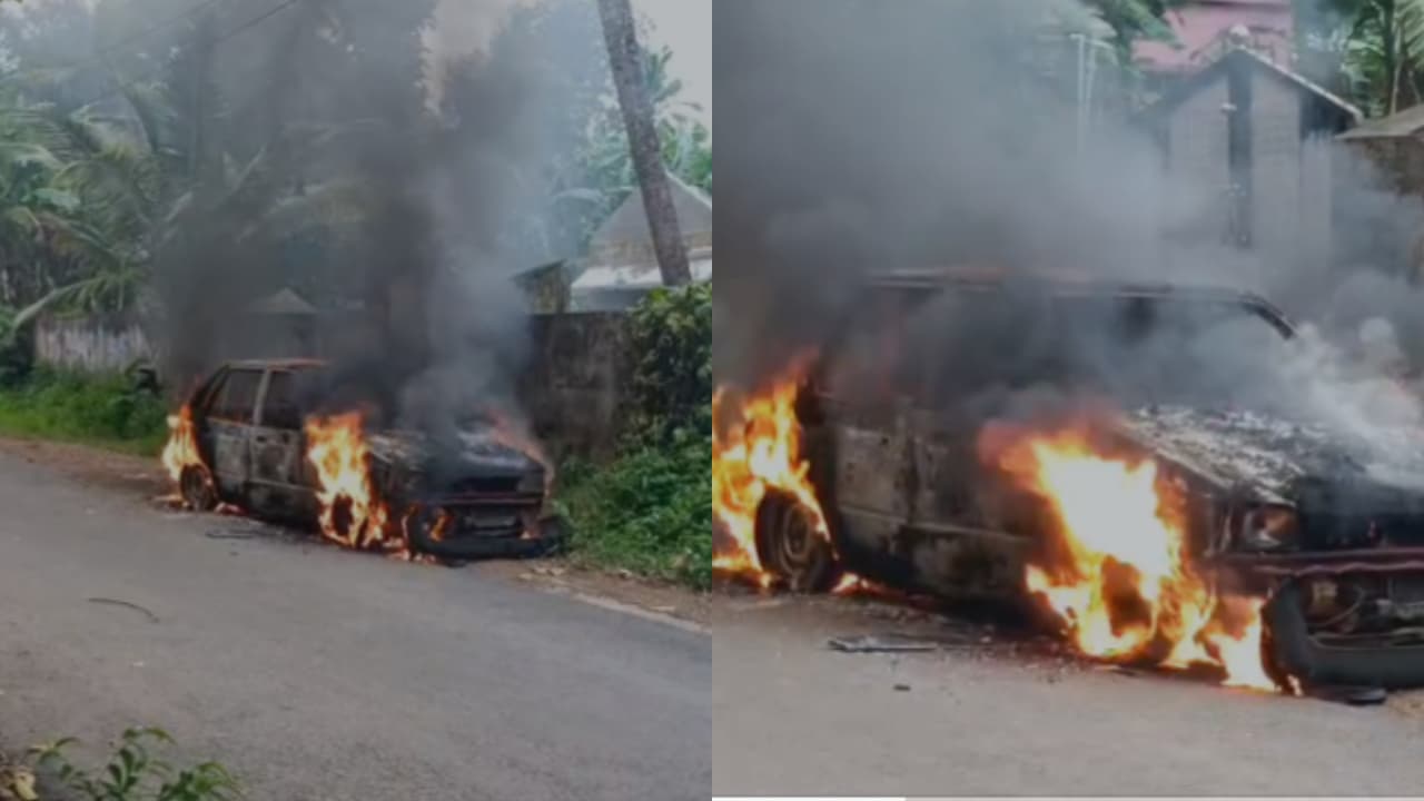 car set on fire in Kollam കൊല്ലത്ത് കാർ തടഞ്ഞുനിർത്തി ആക്രമണം; ഒരു സംഘം ...