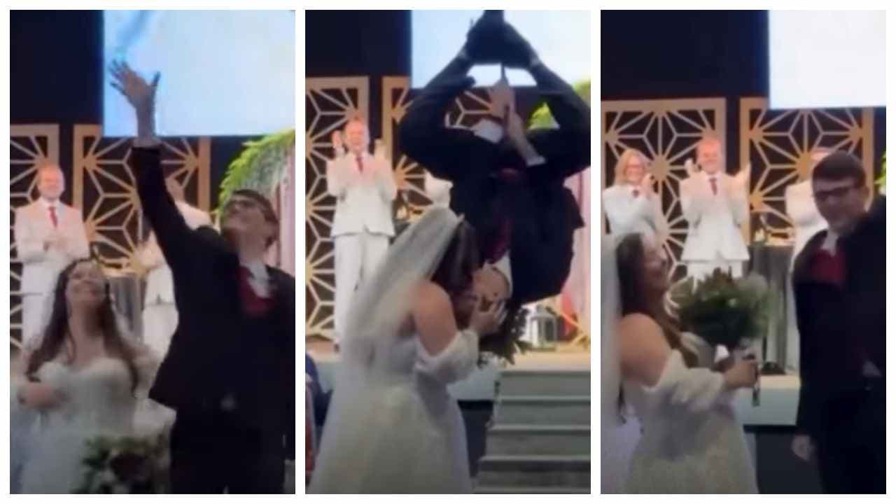 Filmy Moment As Groom Climbs Rope, Flips Upside Down To Kiss His Bride ...
