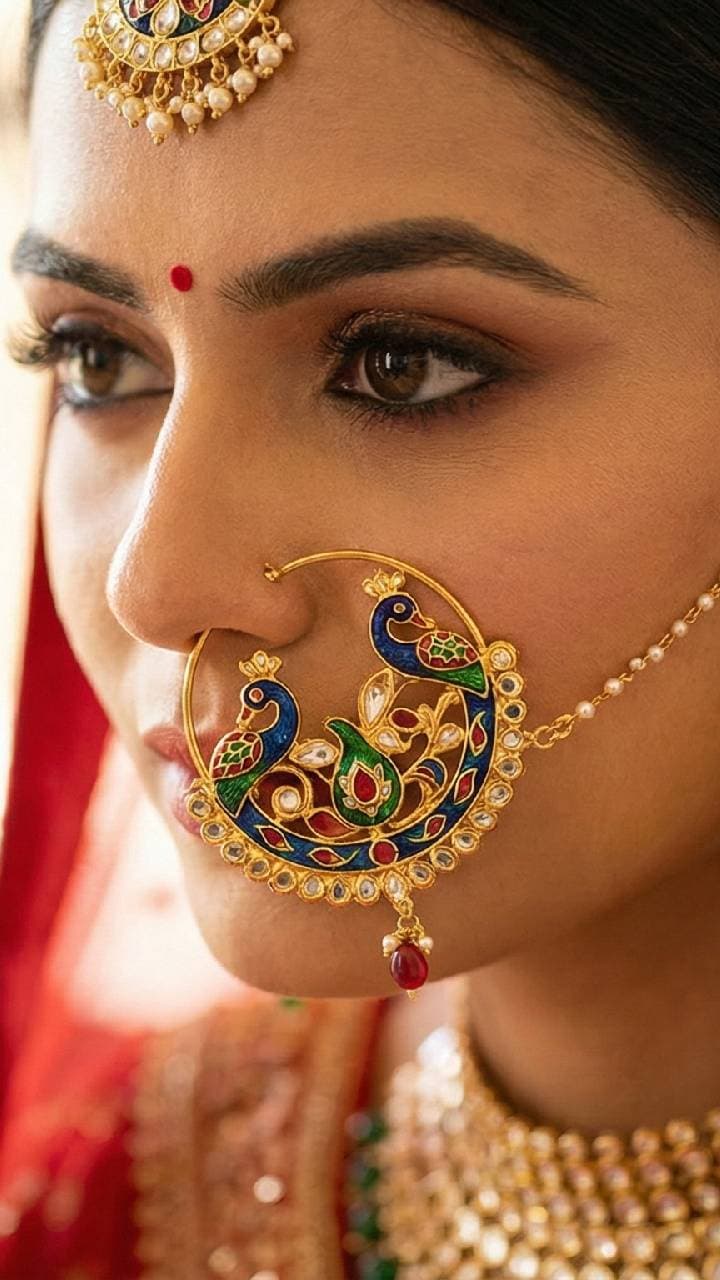 Bridal Nose Ring: 100Rs में गोल्ड नथ, आर्टिफिशियल ब्राइडल 8 नोज रिंग ...